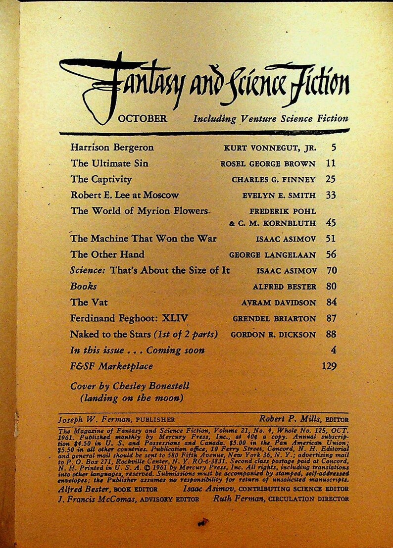 The Magazine of Fantasy & Science Fiction October 1961 Kurt Vonnegut ...