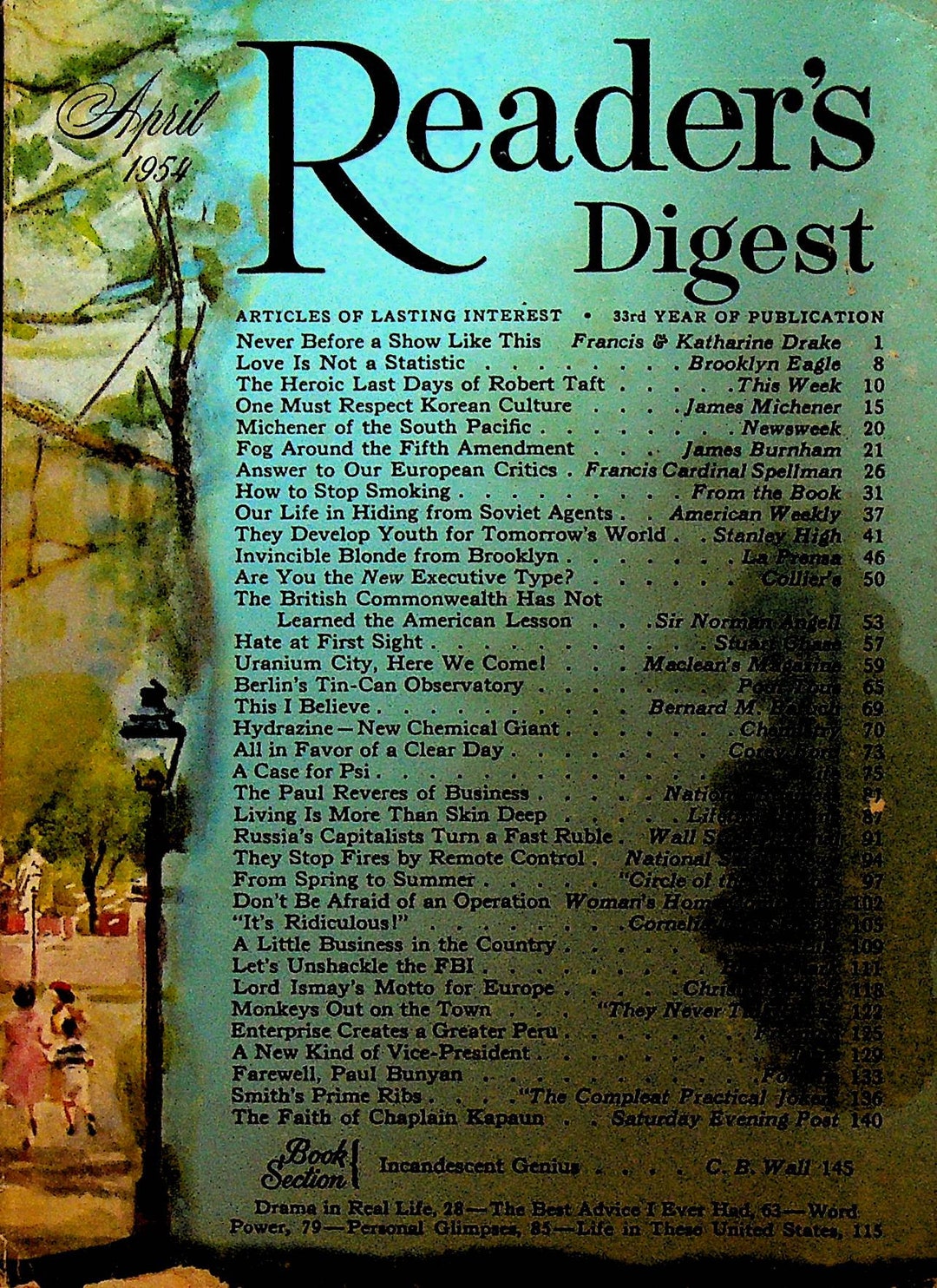Reader's Digest April 1954 Robert Taft James Michener Lillian De Acosta ...