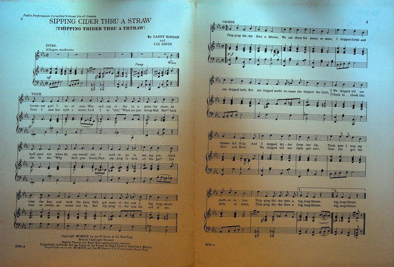 Sipping Cider Thru A Straw Sheet Music 1919 Fatty Arbuckle - Etsy
