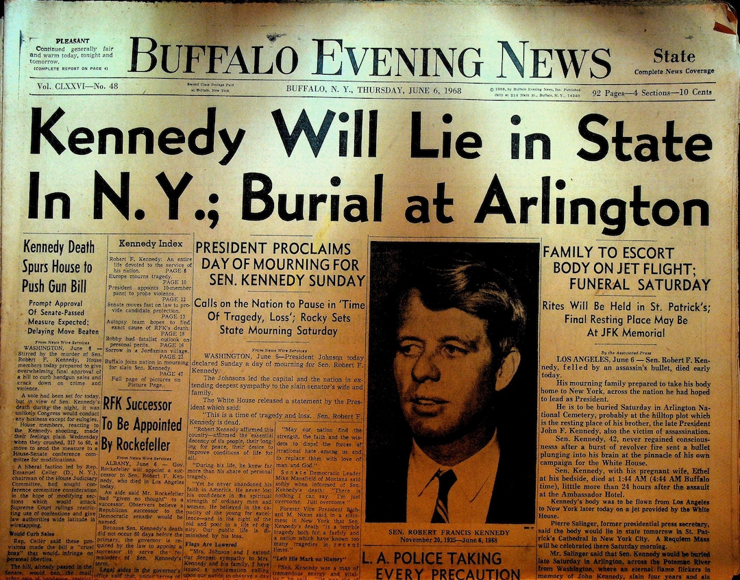 Robert F Kennedy Assassination Newspaper Buffalo Evening News June 6 ...