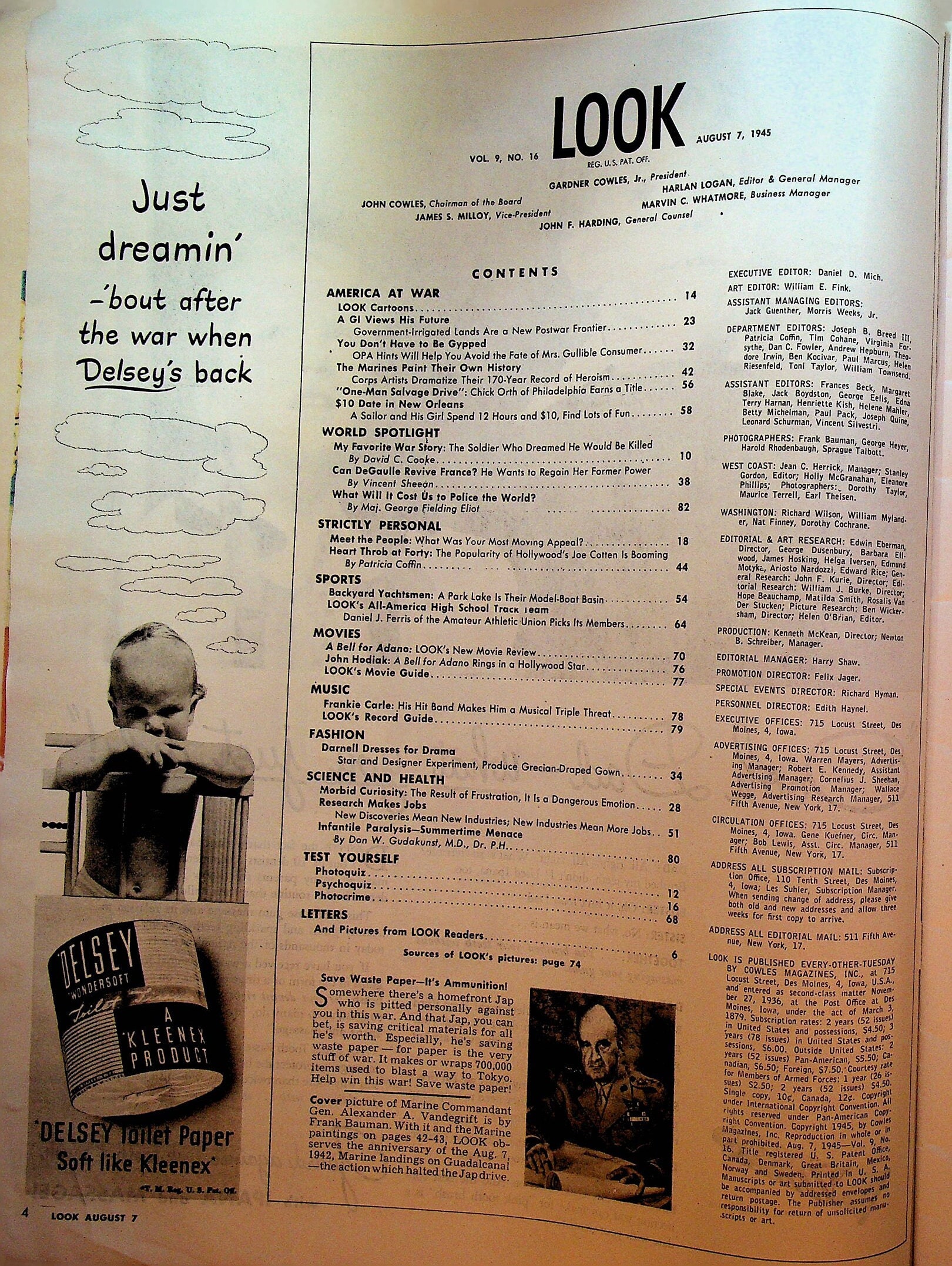 Look Magazine August 7 1945 Marine General Vandegrift WWII Joe Cotten ...