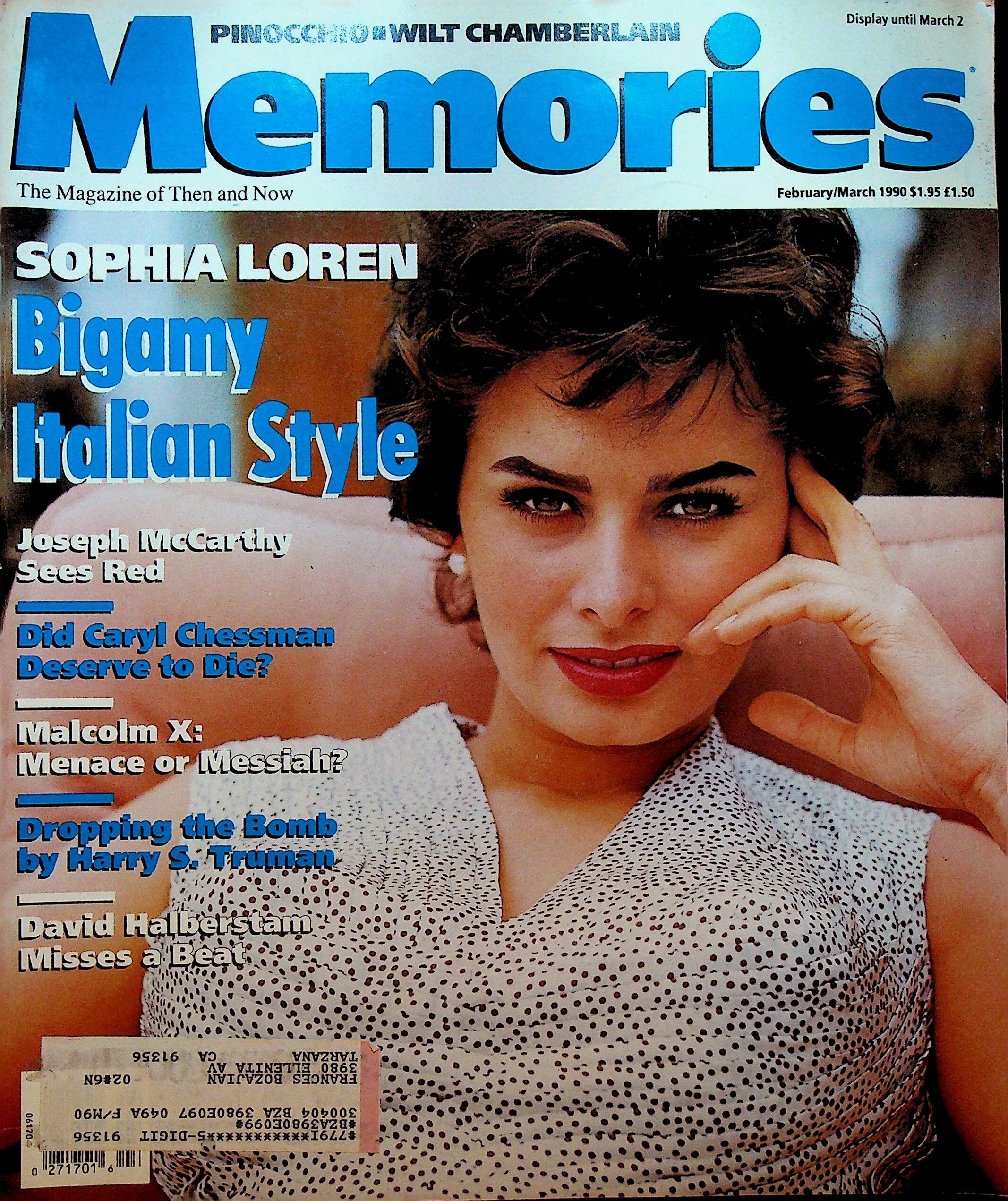Memories Magazine February 1990 Sophia Loren Caryl Chessman Wilt ...