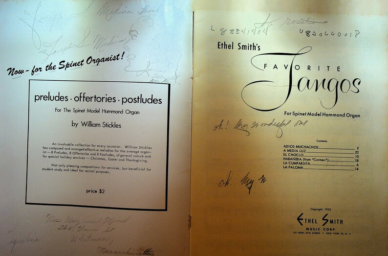 Ethel Smith's Favorite Tangos Songbook for Spinet Model Hammond Organ ...