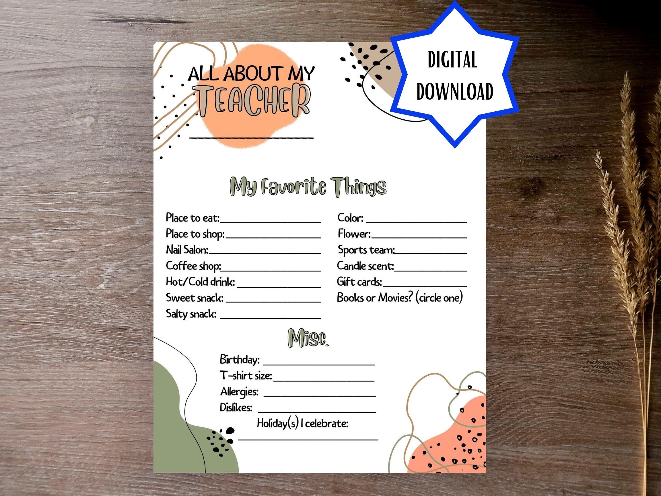 All About My Teacher Survey Teacher Favorite Things Questionnaire Back ...