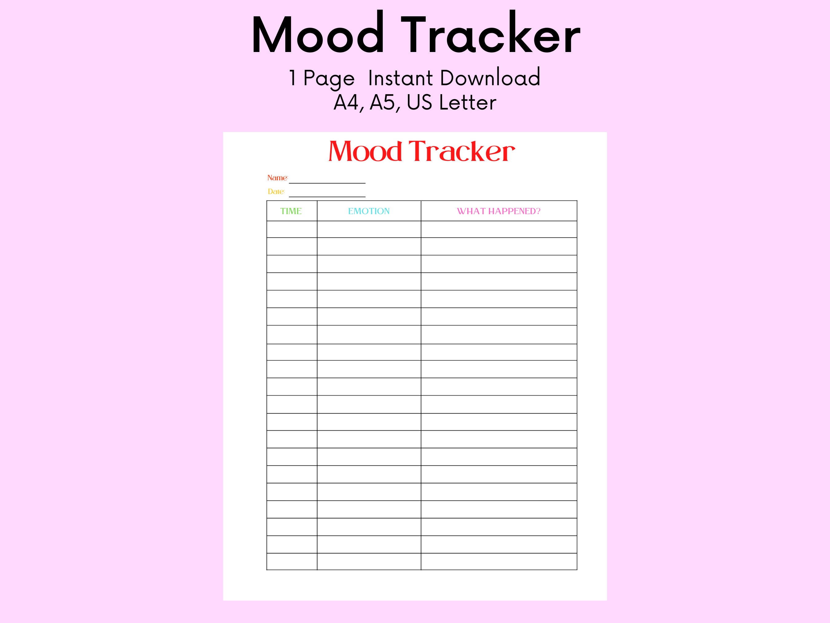 Mood Tracker Printable, Mood Tracker, Mood Journal, Mood Chart, Emotion ...