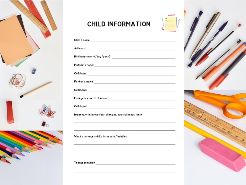 Child Information Sheet Emergency Contact Safety Printable Form ...