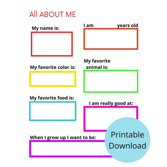 All About Me Printable Download All About Me Worksheet | Etsy