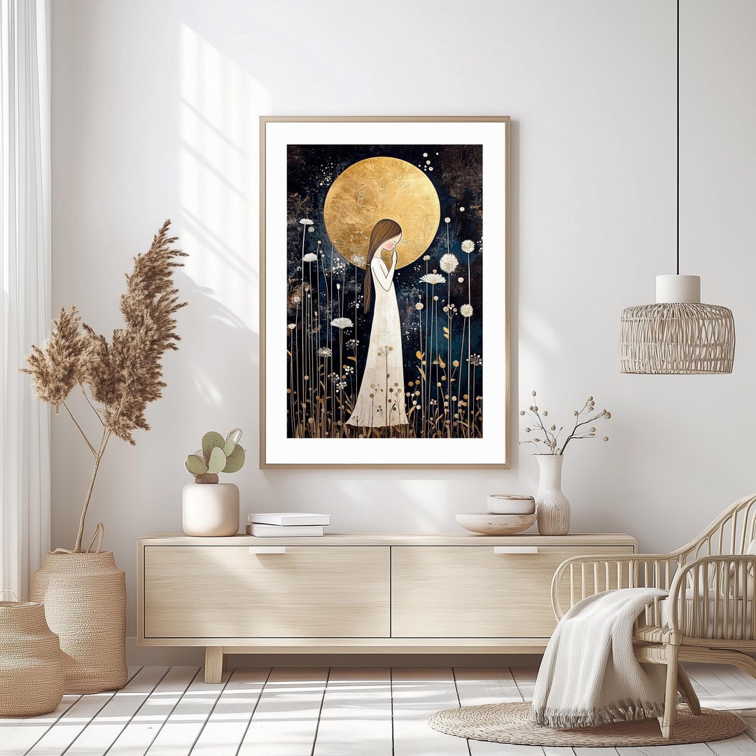 Girl Praying Under Golden Moon Art Print, Dreamy Floral Night Scene Wall Art, Digital Art - Etsy