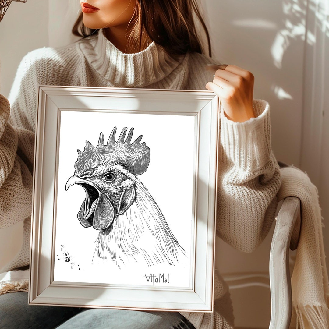 Rooster Drawing | Crowing Rooster Sketch | Farmhouse Wall Art | Country ...