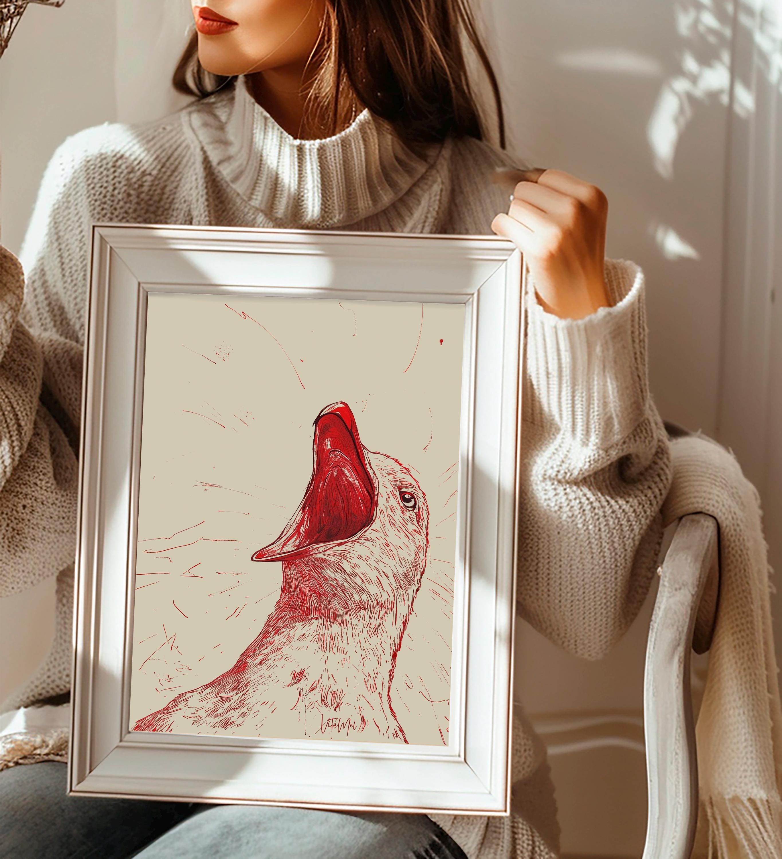 Screaming Seagull Sketch Printable | Red Pencil Drawing on Beige ...