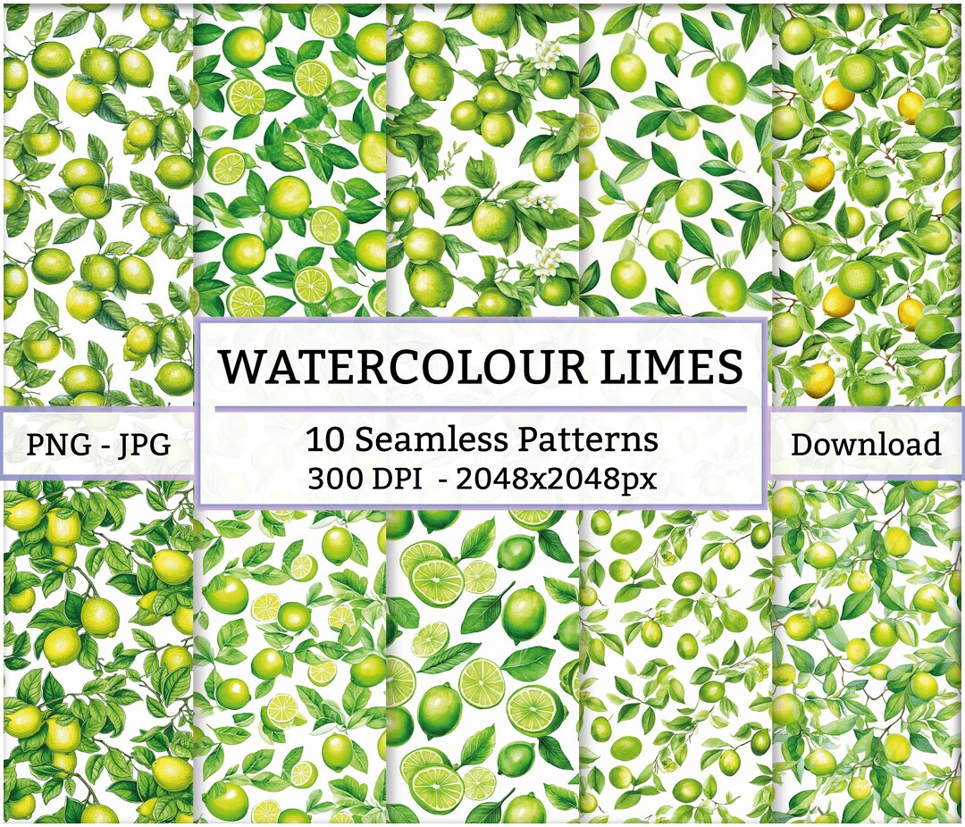 10x Watercolour Limes Seamless Pattern Set - 10 Limes Designs Digital ...