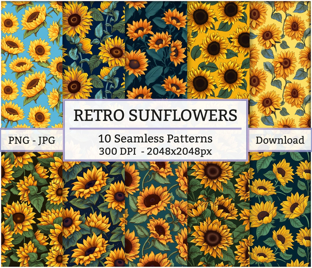 10x Retro Sunflowers Seamless Pattern Set - 10 Designs Digital Download for Paper, Fabric ...
