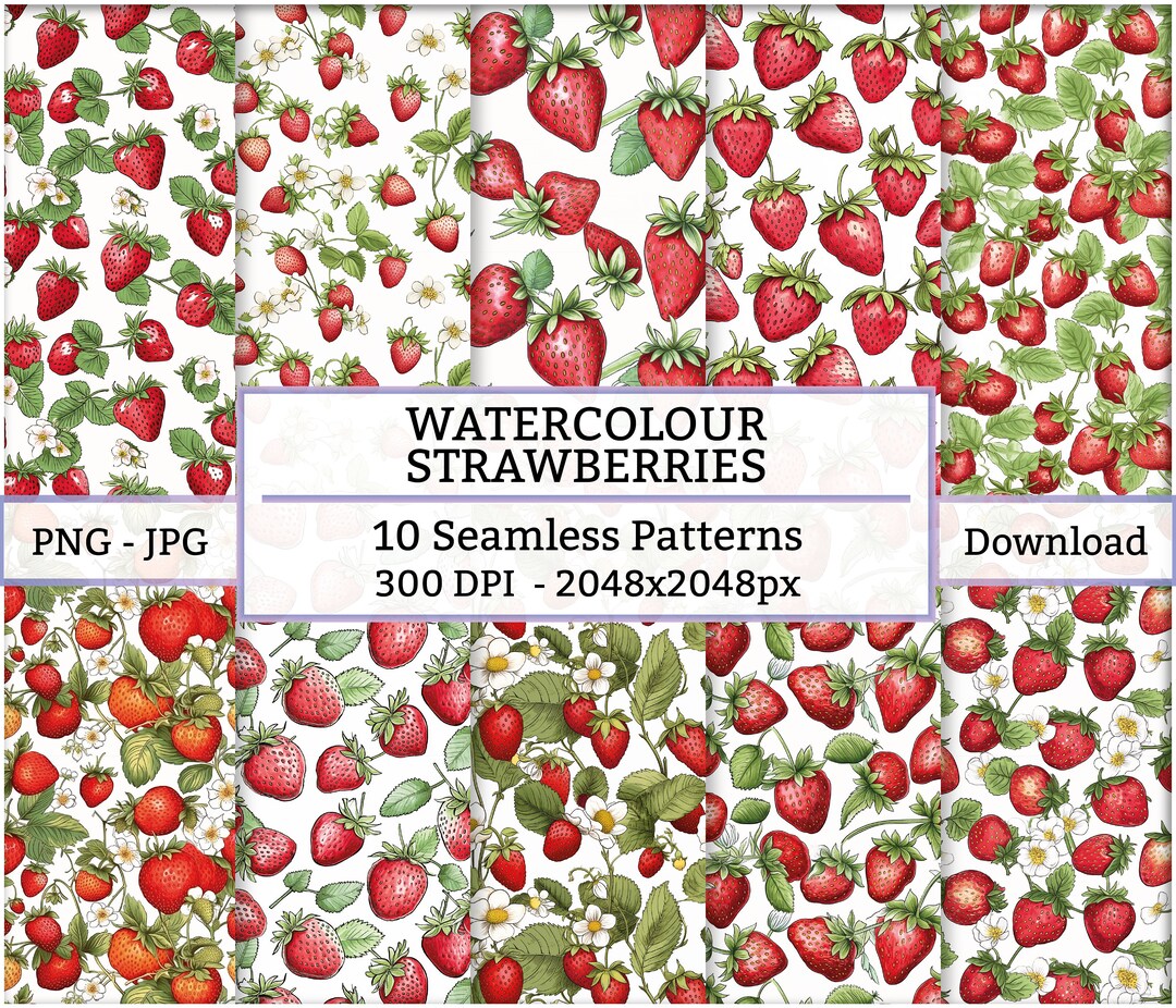 10x Watercolour Strawberries Seamless Pattern Set - 10 Designs Digital ...