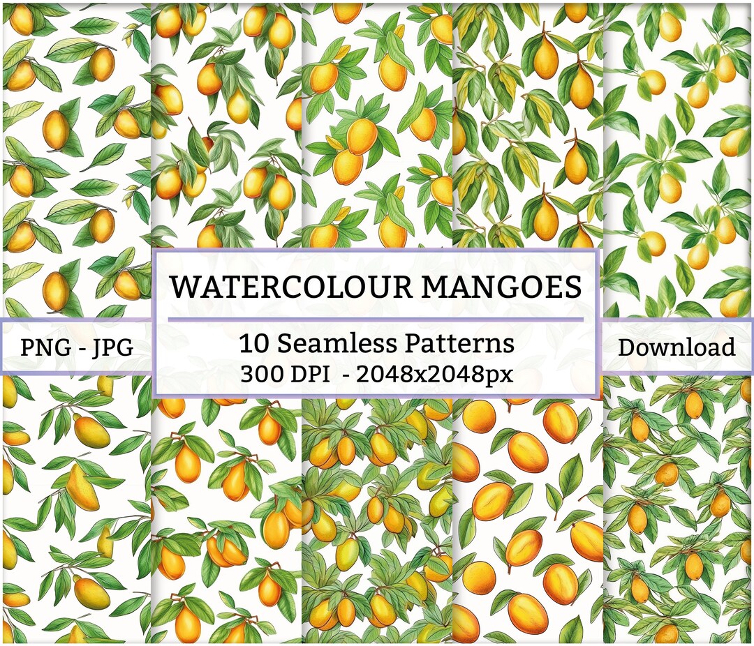 10x Watercolour Mangoes Seamless Pattern Set - 10 Designs Digital ...
