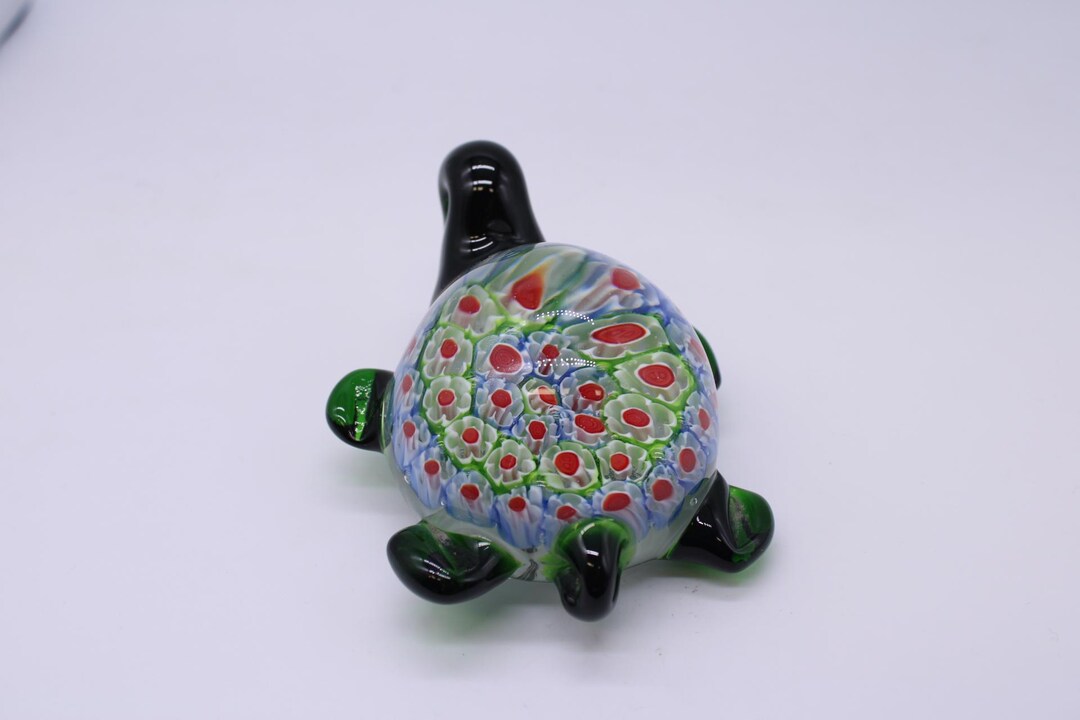 100% Handcraft Glass Turtle Figurine Features a Vibrant Shell Adorned ...
