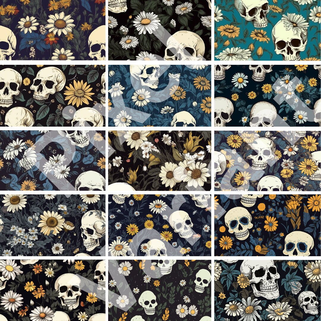 60 Skull Flowers Seamless Patterns, Daisy Sunflower Rose Flower Skull ...
