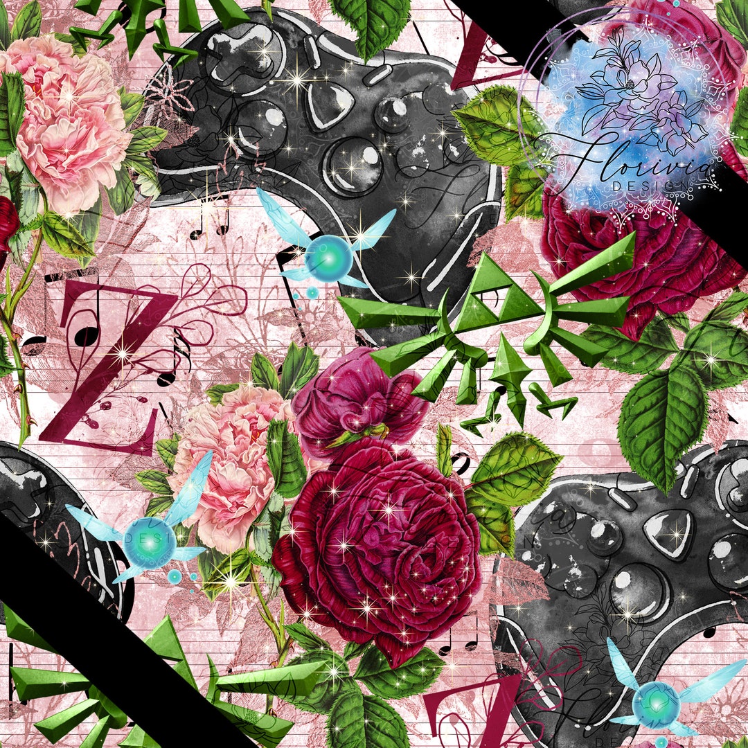 Seamless Digital Pattern Inspiration Z, Link, Flower, Music, Pink, Green, Red, Magic, Game ...