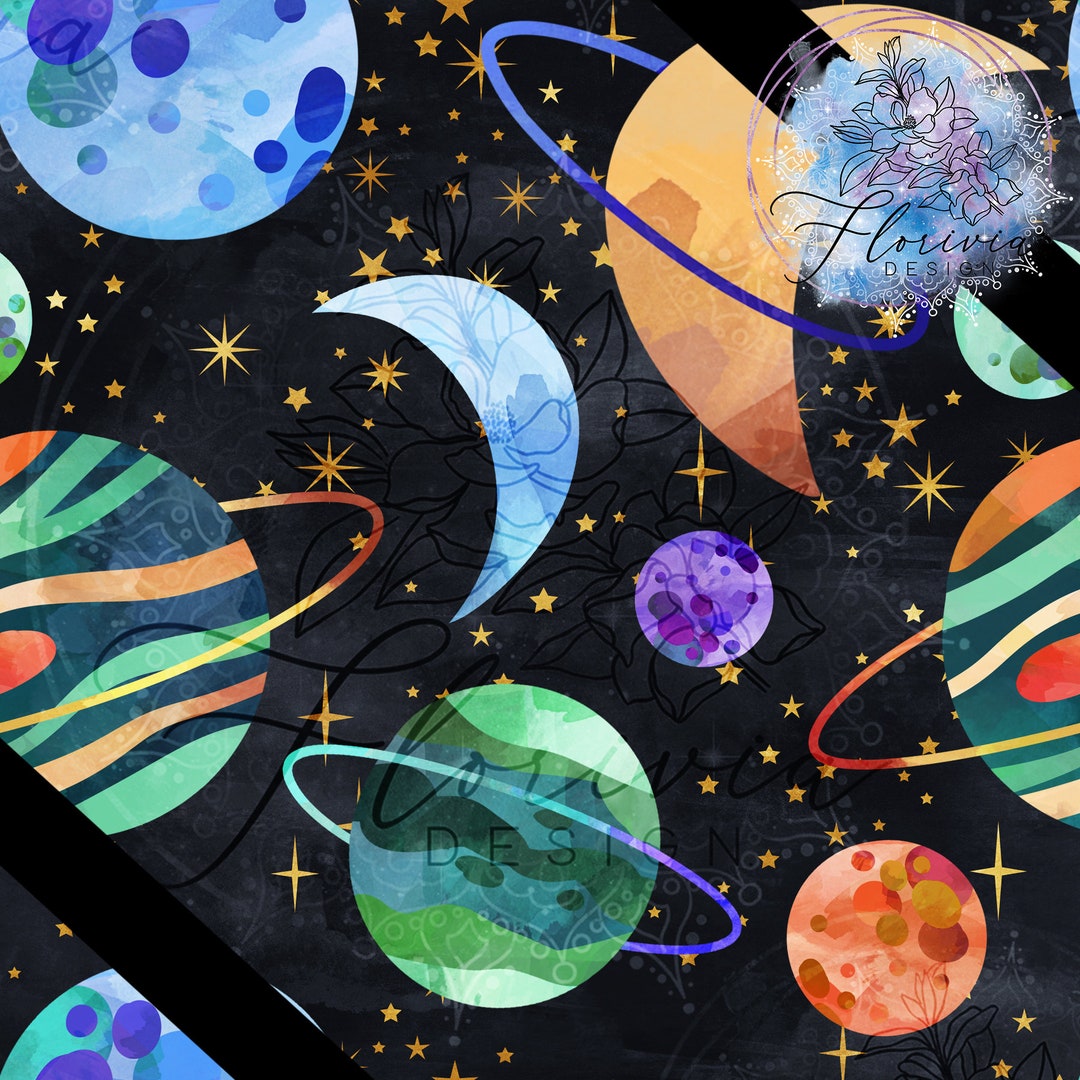 Seamless Digital Pattern Planets, Galaxy, Universe, Watercolor, Moon ...