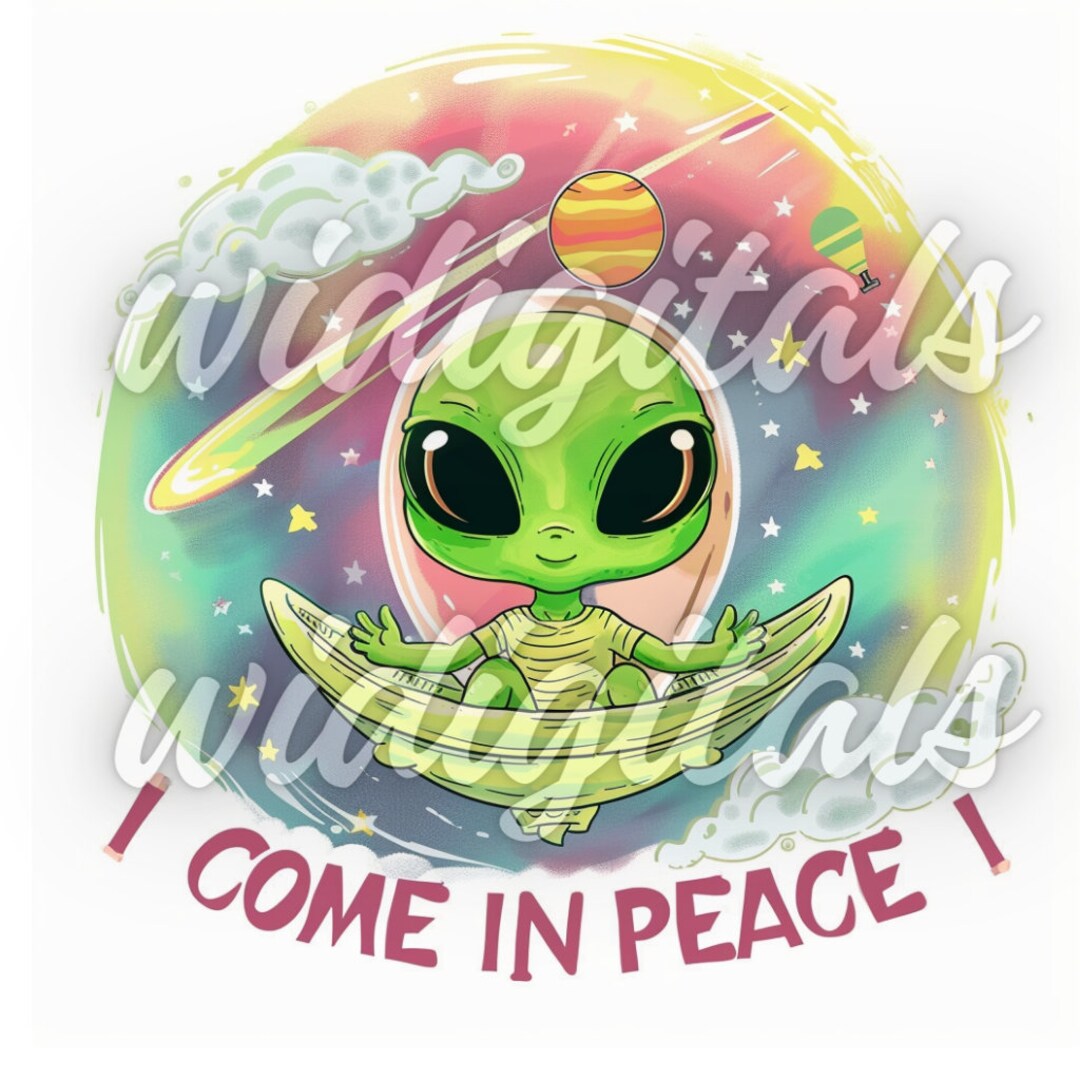 Cute Baby Green Alien, Flying Saucer, Rainbow, 1 PNG, Digital Print ...
