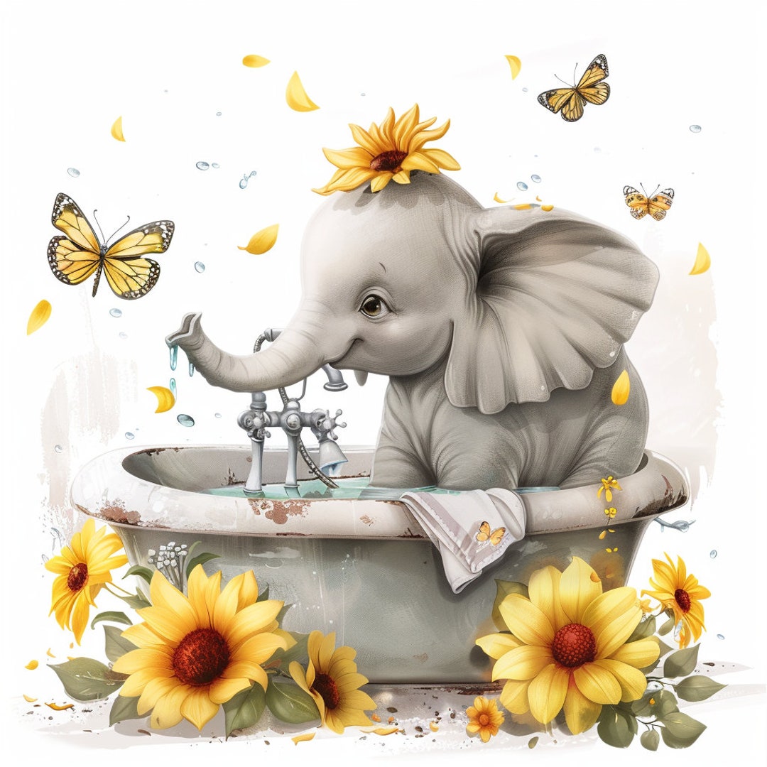 Baby Elephant Sunflower, Children's Room Decoration Clipart, 5 PNG ...