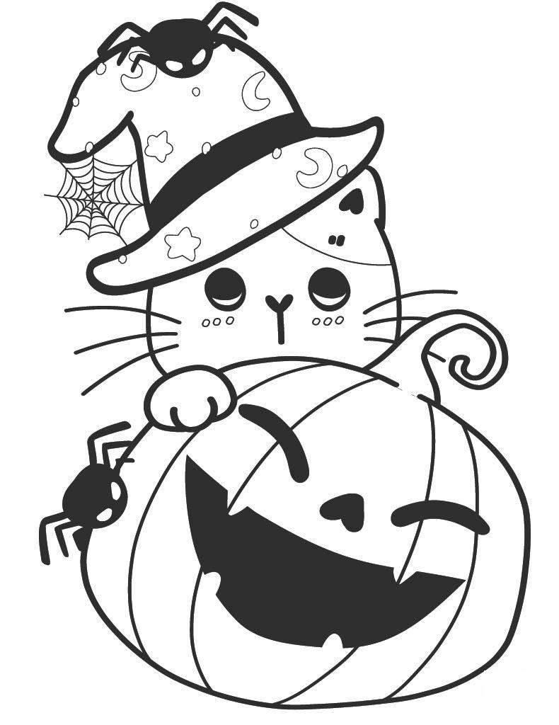 Halloween Easy Coloring Page - Cat With a Spider on Its Hat Behind a ...