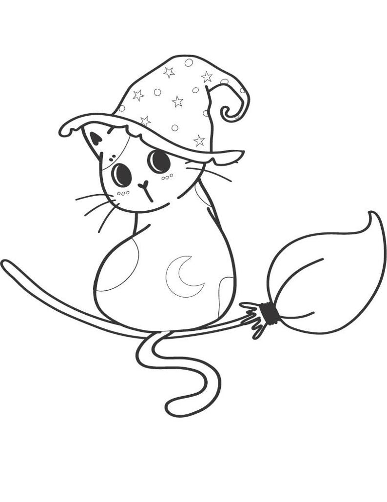 Halloween Easy Coloring Page - Cute Cat on Broom - Etsy