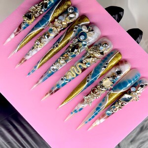 Rhinestone Press-on Nails With Gold Charms | 4XL Stiletto Glam Nail Set ...