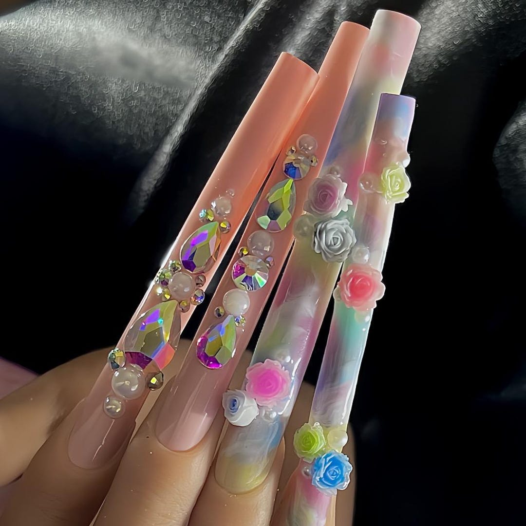 Marble Press on Nails: 3D Flower Charms, Rhinestone Nail Art - 5XL ...