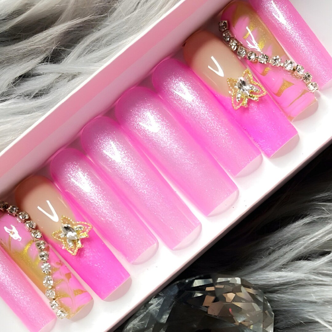 Pink Shimmer Press-on Nails With Butterfly Gold Crystal Charms | 2XL ...