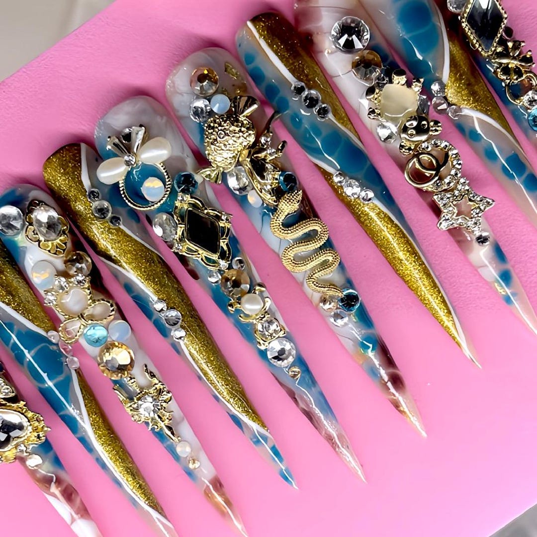 Rhinestone Press-on Nails With Gold Charms | 4XL Stiletto Glam Nail Set ...