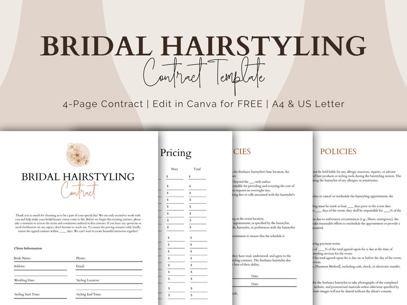 Bridal Hair Contract Template, Editable Bridal Hair Contract for ...