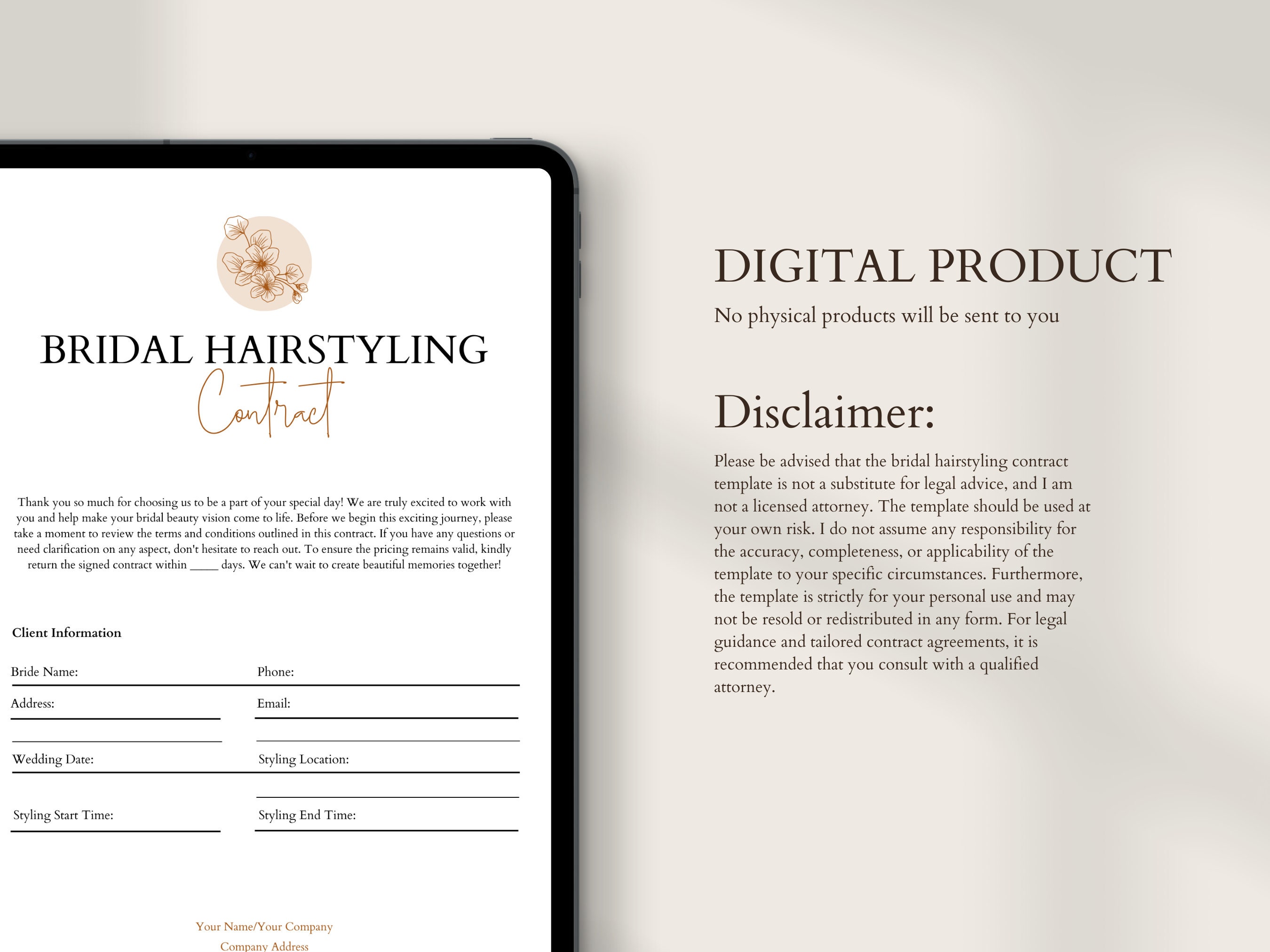 Editable Bridal Hair Contract Template, Bridal Hair Contract for ...