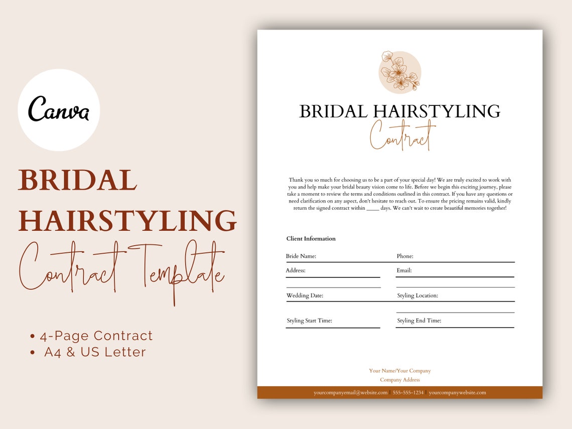 Editable Bridal Hair Contract Template, Bridal Hair Contract for ...