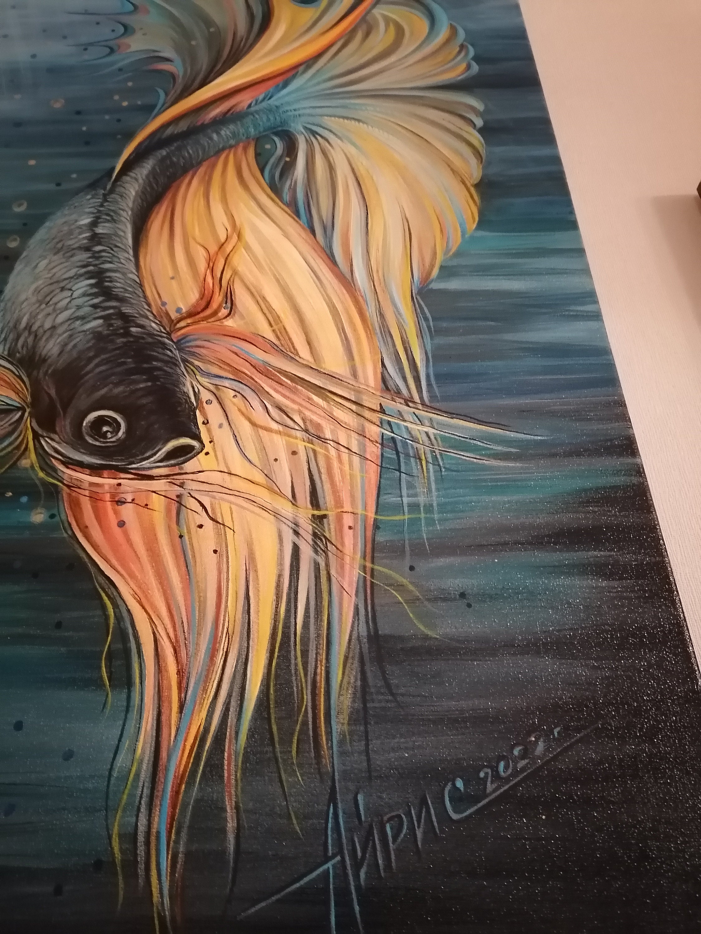 Painting golden Fish 50 90 Cm. Acrylic Varnish on Canvas. Pop Art ...