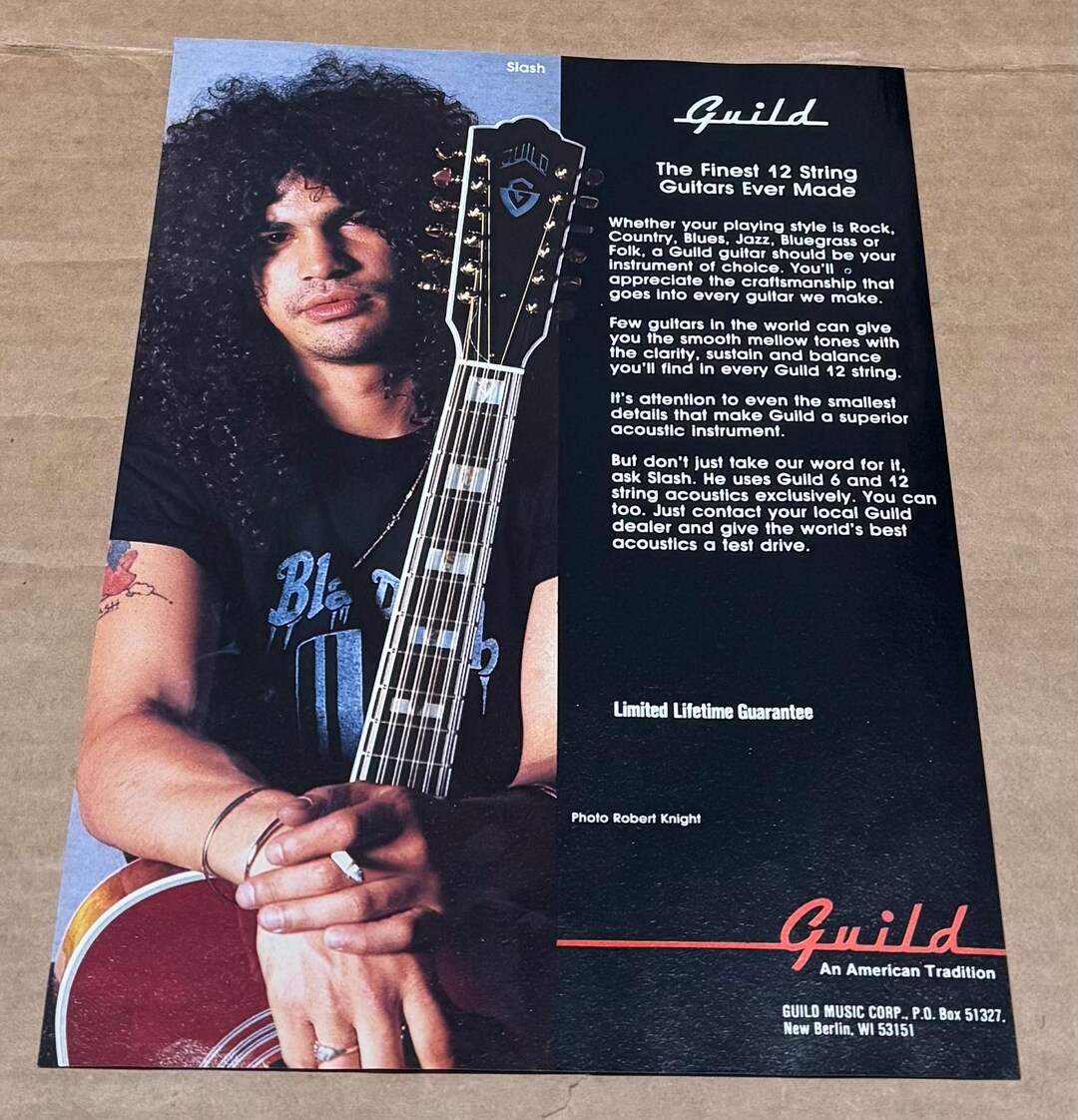 SLASH of Guns N' Roses - GUILD GUITARS - 1991 Print Advertisement - Etsy