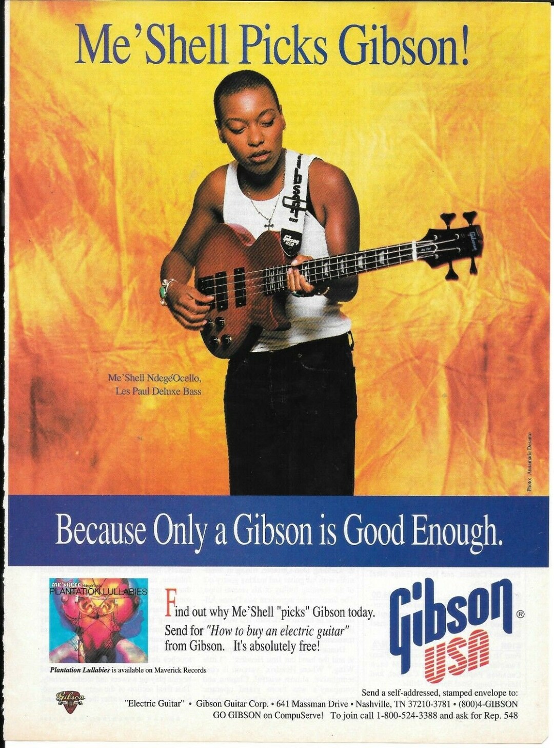 Me'shell Ndege'ocello Gibson Guitars Les Paul Deluxe Bass 1994 Print Ad ...