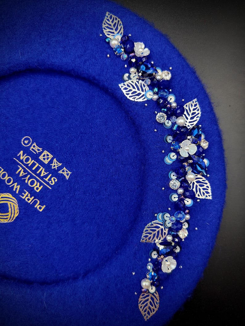 Royal Blue Beret, Chic Wool Beret Hat – Handmade, Beaded & Embroidered ...