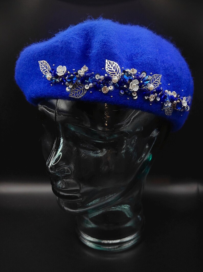 Royal Blue Beret, Chic Wool Beret Hat – Handmade, Beaded & Embroidered ...
