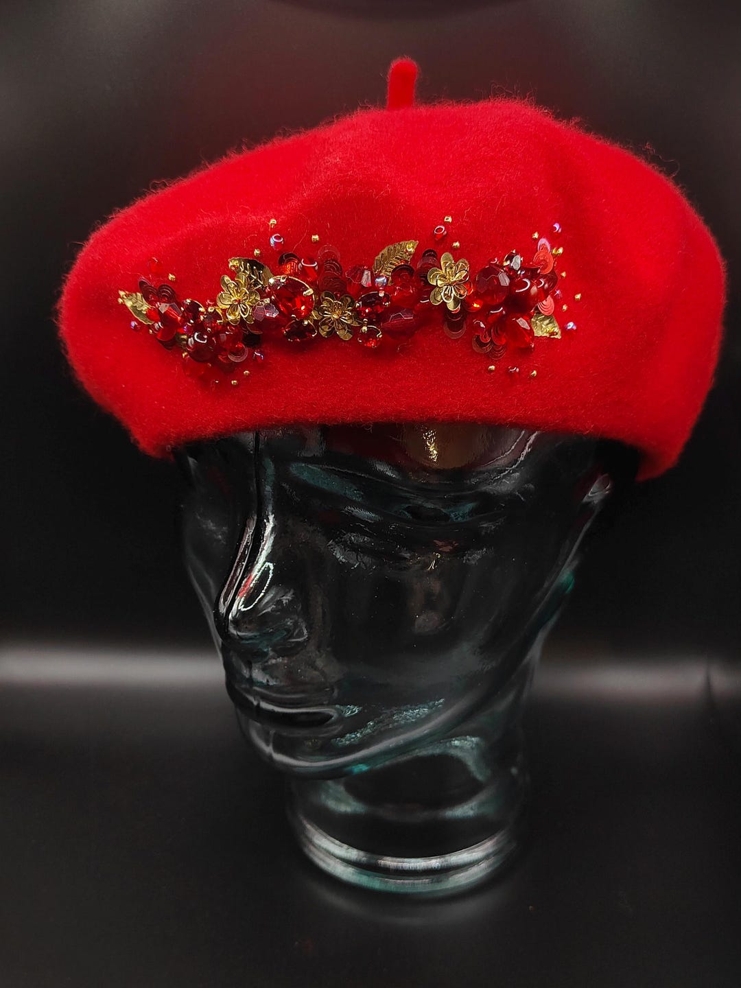 Red and Gold Beret, Chic Wool Beret Hat – Handmade, Beaded ...