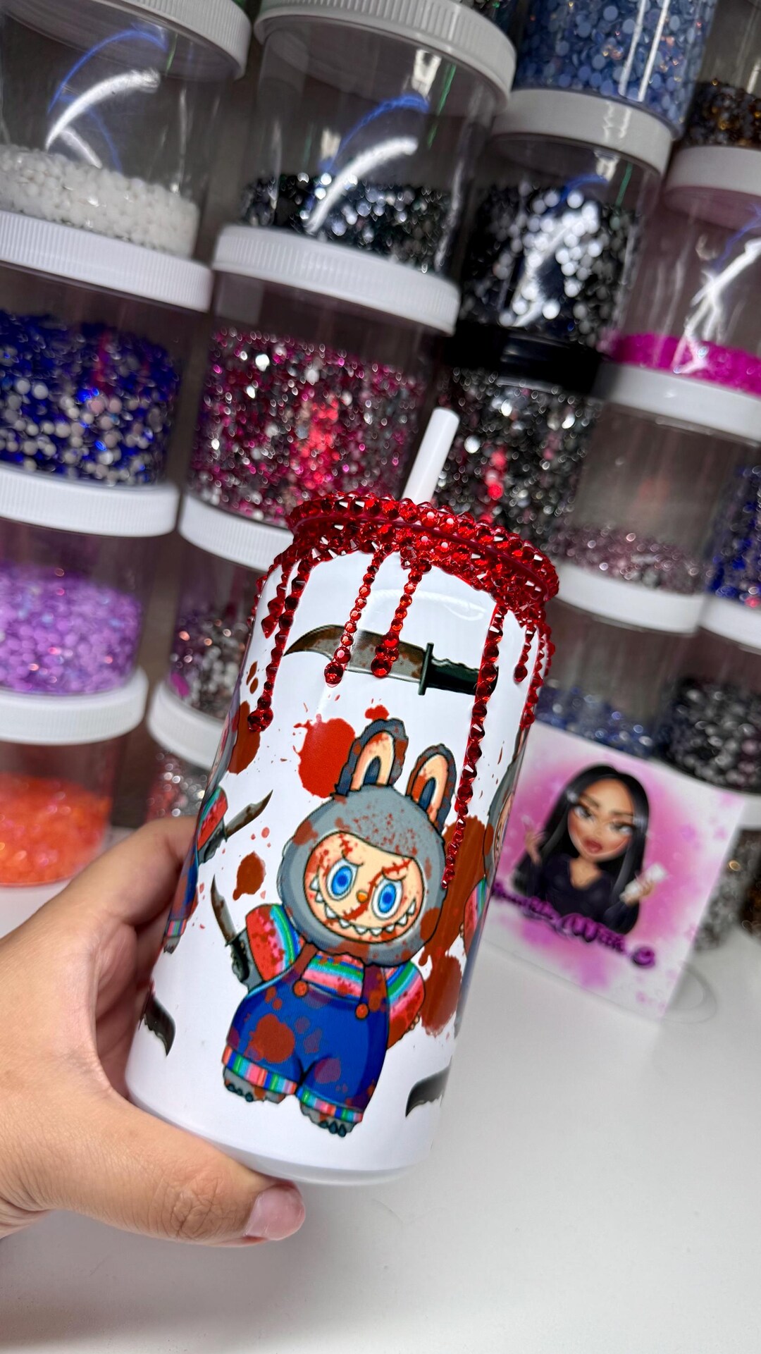 Labubu Chucky Blood Drip Tumbler – 16oz Stainless Steel Cup – Hand ...