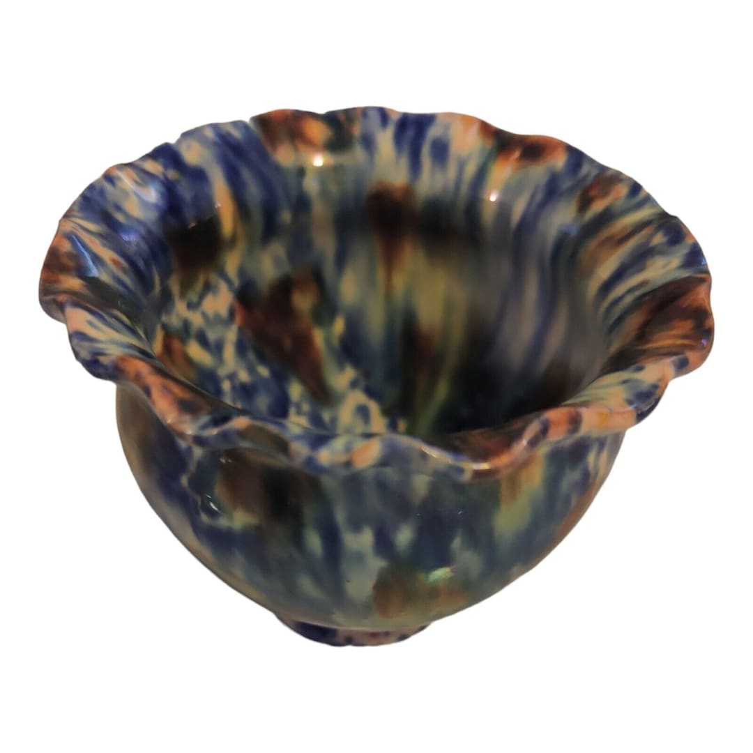 Vintage Ruffled Edge Blue Flow Drip Glaze Pottery Bowl Hand Made Signed ...