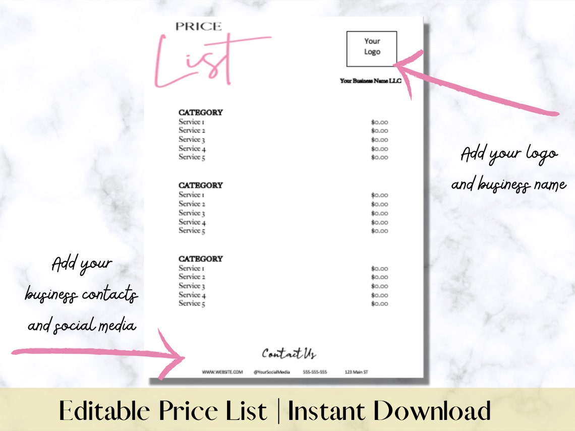 Price List Template | Editable Price List Sheet | Pricing | Menu ...