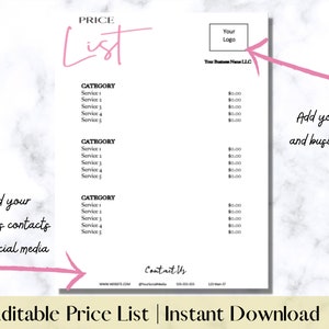 Price List Template | Editable Price List Sheet | Pricing | Menu ...