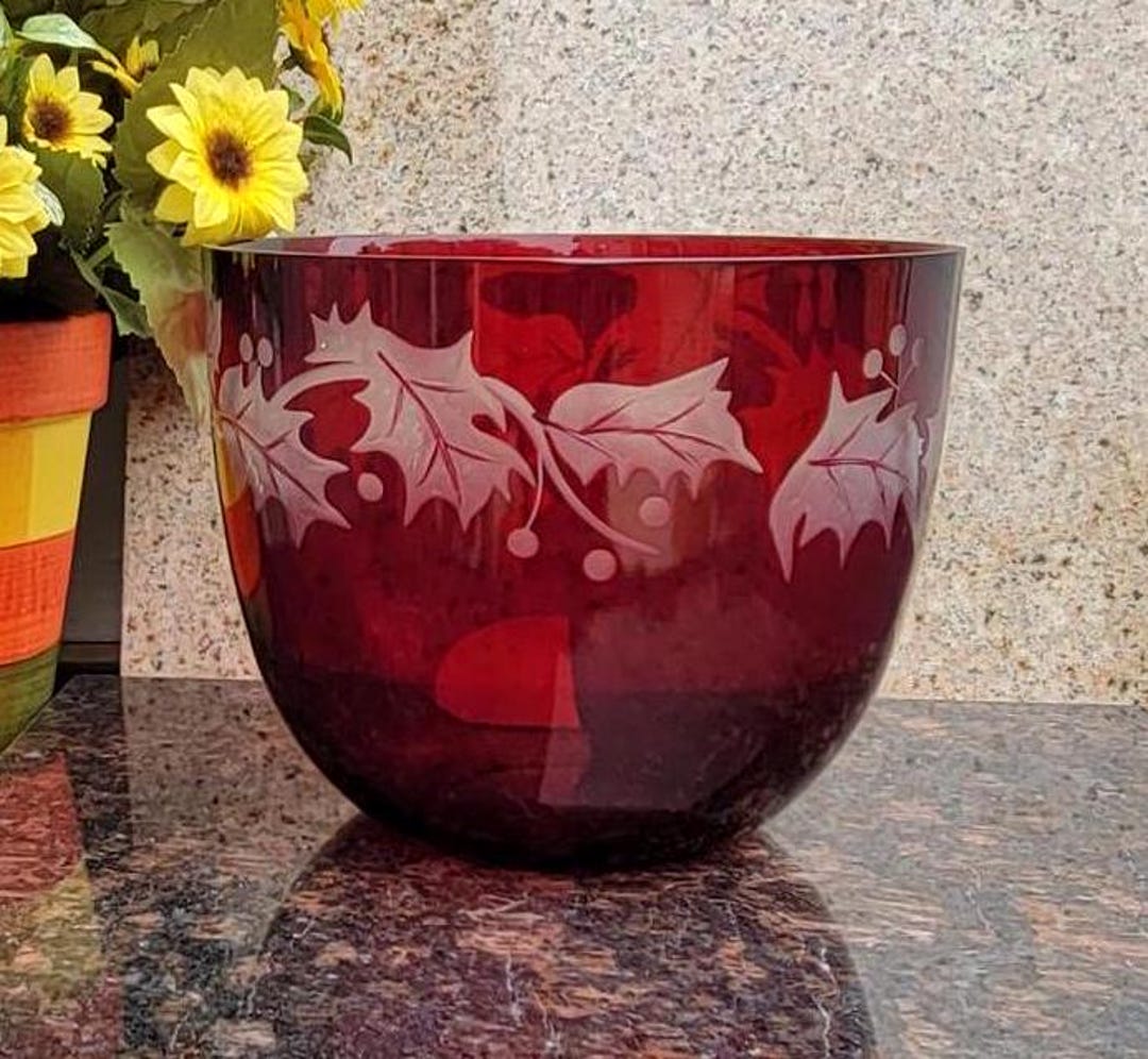 Teleflora Red Glass With Etched Holly & Berries Vase Bowl - 5"h - Etsy