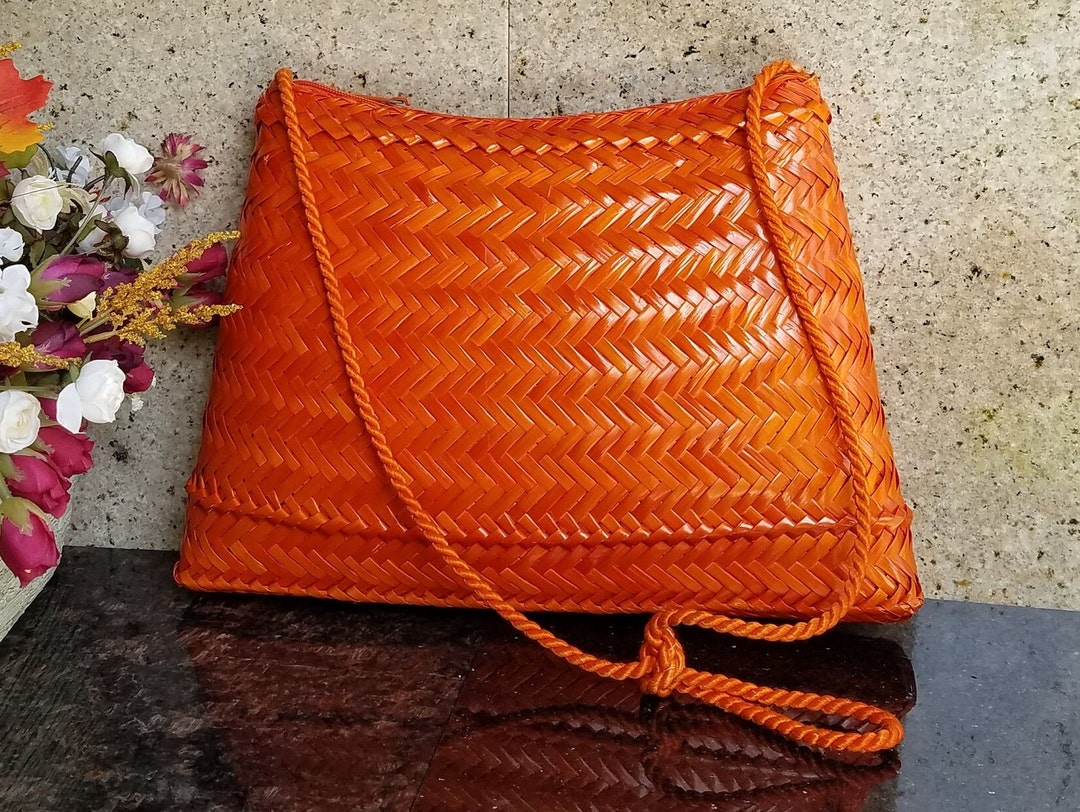 Orange Straw Basket Weave Woven Crossbody Handbag - Etsy