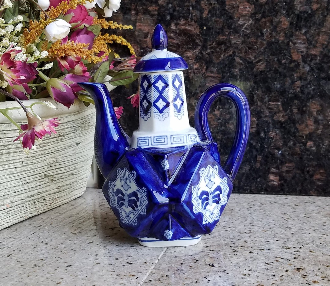 Blue and White Ceramic Teapot - Etsy