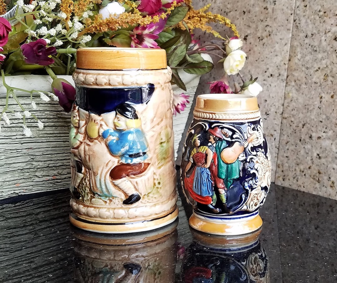 Vintage German Style Ceramic Stein Beer Mug - Decorative Barware - Set ...