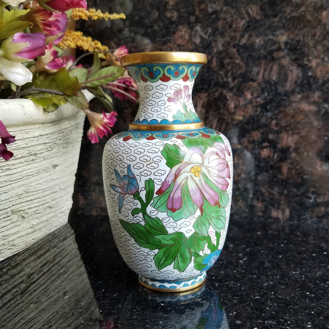 Vintage Asian Cloisonne Enamel Vase With Floral Decoration - Etsy