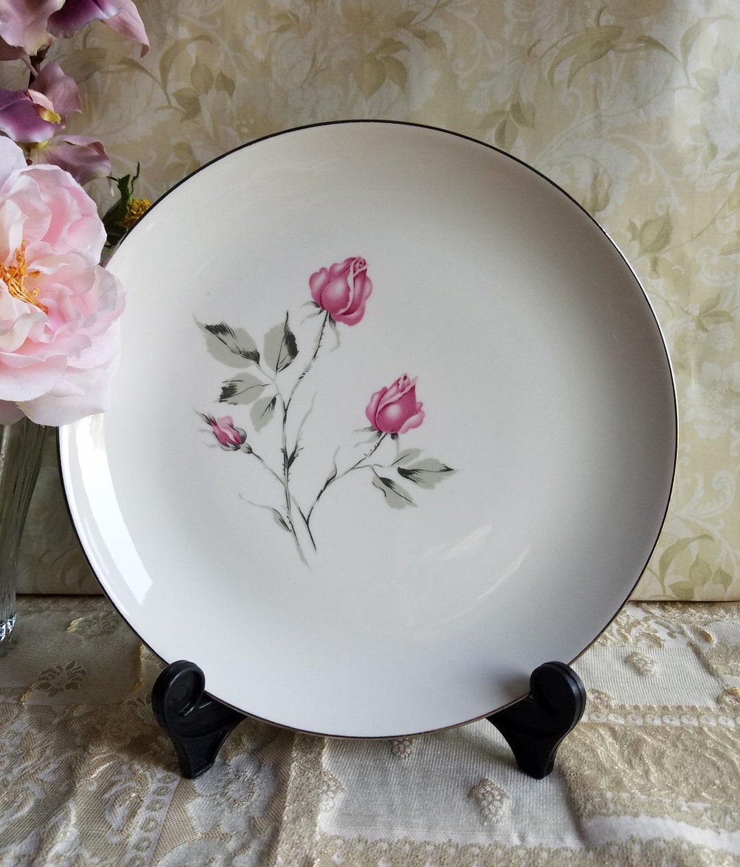 Kenmark Dinnerware Summer Rose Gray Leaves W/platinum Rim - Etsy