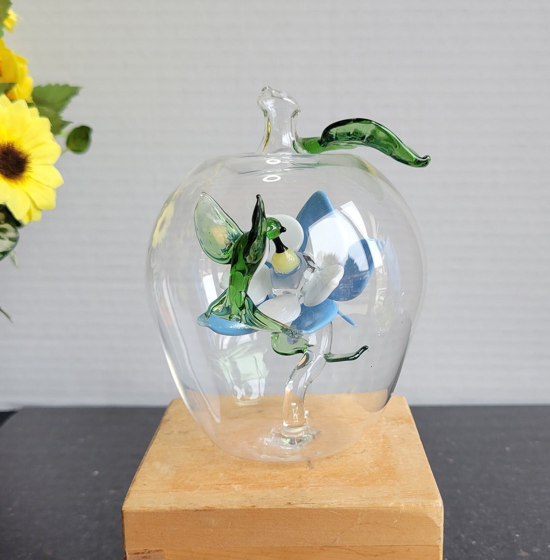 Hand Blown Apple Shape Glass With Hummingbird and Flower Inside - 4.5"h ...